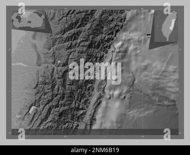 Hualien, county of Taiwan. Grayscale elevation map with lakes and ...