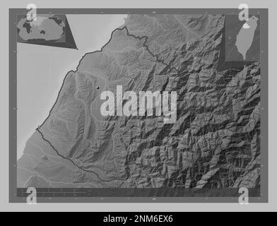 Miaoli, county of Taiwan. Grayscale elevation map with lakes and rivers ...