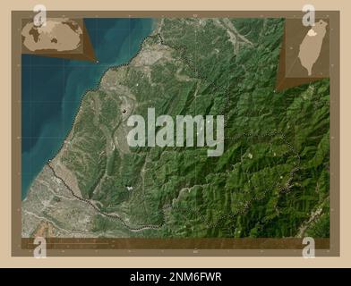 Miaoli, county of Taiwan. Low resolution satellite map. Locations and ...