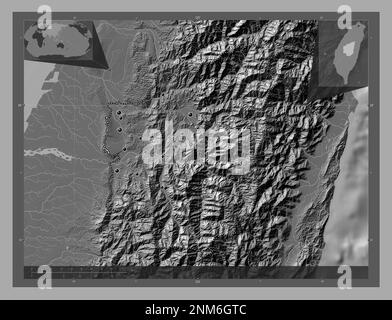 Nantou, county of Taiwan. Bilevel elevation map with lakes and rivers ...