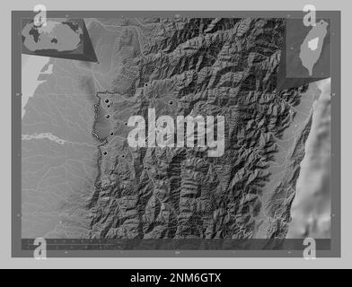 Nantou, county of Taiwan. Grayscale elevation map with lakes and rivers ...