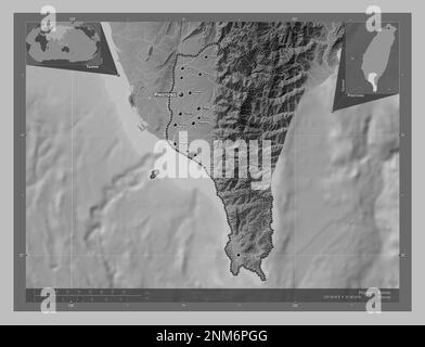 Pingtung, county of Taiwan. Grayscale elevation map with lakes and ...