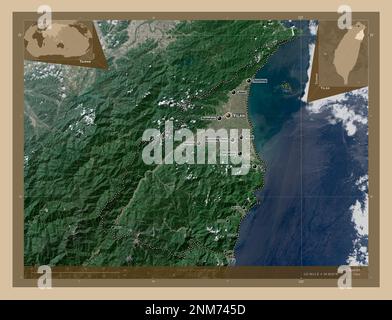 Yilan, county of Taiwan. Low resolution satellite map. Locations of ...