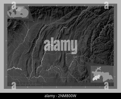 Khatlon, region of Tajikistan. Grayscale elevation map with lakes and ...