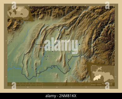 Khatlon, region of Tajikistan. Colored elevation map with lakes and ...