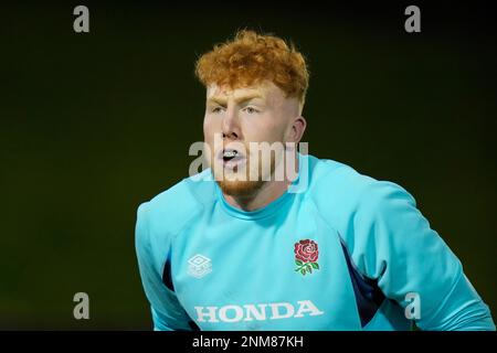 Lewis Chessum of England U20's warms up before the 2023 U20 Six Nations ...