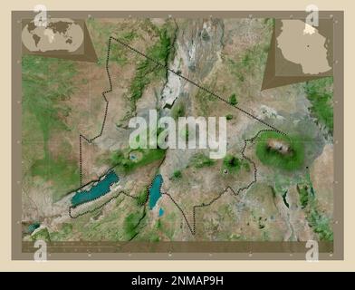 Arusha, region of Tanzania. High resolution satellite map. Locations ...