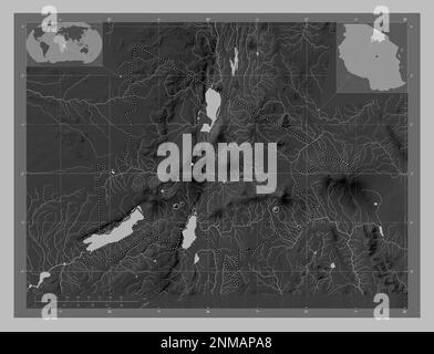 Arusha, region of Tanzania. Grayscale elevation map with lakes and ...