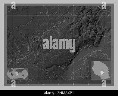 Iringa, region of Tanzania. Grayscale elevation map with lakes and ...
