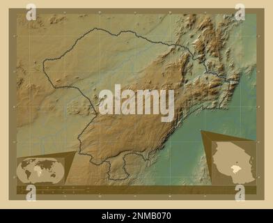 Iringa, region of Tanzania. Colored elevation map with lakes and rivers ...