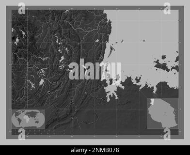 Kagera, region of Tanzania. Grayscale elevation map with lakes and ...