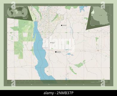 Kigoma, region of Tanzania. Open Street Map. Locations of major cities ...