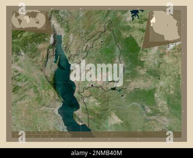 Kigoma, region of Tanzania. High resolution satellite map. Locations ...