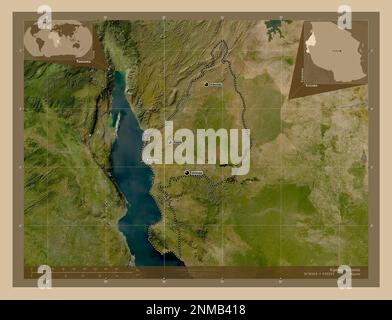 Kigoma, region of Tanzania. Low resolution satellite map. Corner ...