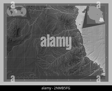 Lindi, region of Tanzania. Grayscale elevation map with lakes and ...