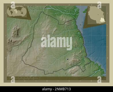 Lindi, region of Tanzania. Colored elevation map with lakes and rivers ...