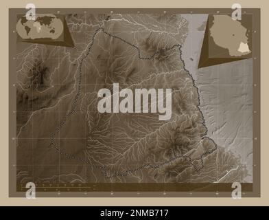 Lindi, region of Tanzania. Colored elevation map with lakes and rivers ...