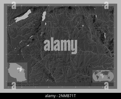 Manyara, region of Tanzania. Grayscale elevation map with lakes and ...