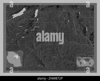 Manyara, region of Tanzania. Grayscale elevation map with lakes and ...