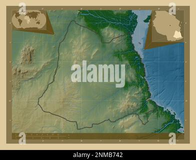 Lindi, region of Tanzania. Colored elevation map with lakes and rivers ...