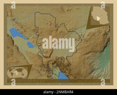 Mbeya, region of Tanzania. Colored elevation map with lakes and rivers ...