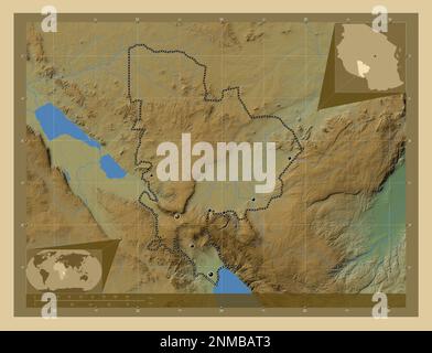 Mbeya, region of Tanzania. Colored elevation map with lakes and rivers ...