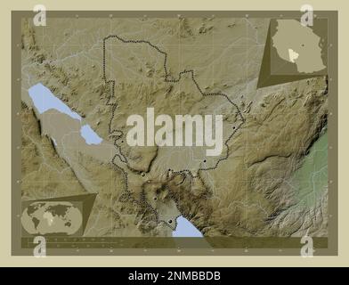 Mbeya, region of Tanzania. Colored elevation map with lakes and rivers ...