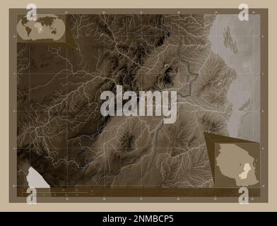 Morogoro, region of Tanzania. Colored elevation map with lakes and ...