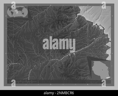 Mtwara, region of Tanzania. Grayscale elevation map with lakes and ...