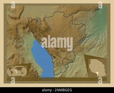 Njombe, region of Tanzania. Colored elevation map with lakes and rivers ...