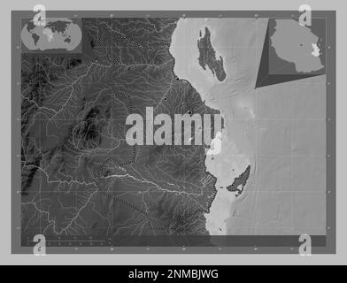 Pwani, region of Tanzania. Grayscale elevation map with lakes and ...