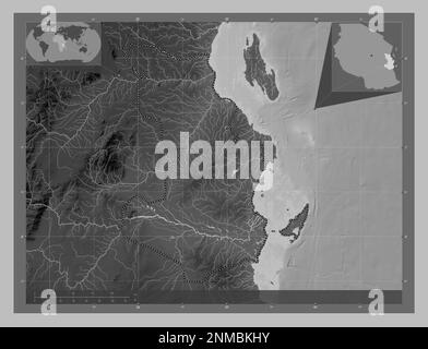 Pwani, region of Tanzania. Grayscale elevation map with lakes and ...