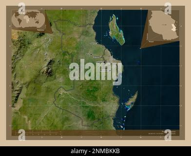 Pwani, region of Tanzania. Low resolution satellite map. Locations of ...