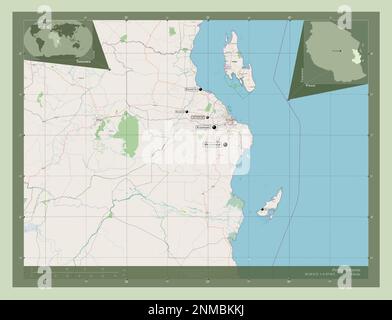 Pwani, region of Tanzania. Open Street Map. Locations of major cities ...