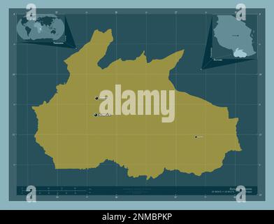 Ruvuma, region of Tanzania. Solid color shape. Locations of major ...
