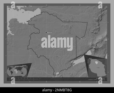 Simiyu, region of Tanzania. Bilevel elevation map with lakes and rivers ...
