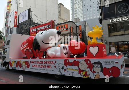 A truck carrying big Snoopy runs near Shibuya Station in Tokyo on Oct ...