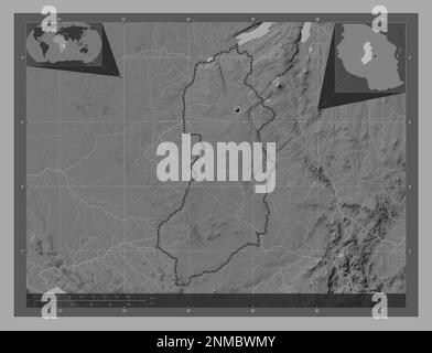 Singida, region of Tanzania. Bilevel elevation map with lakes and ...