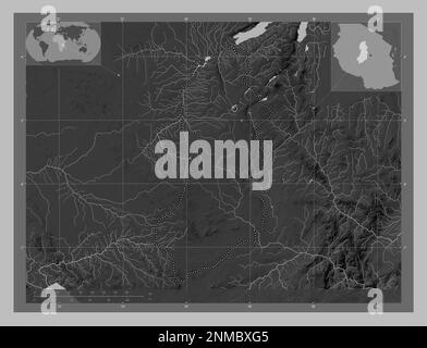Singida, region of Tanzania. Grayscale elevation map with lakes and ...