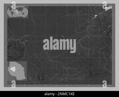 Tabora, region of Tanzania. Grayscale elevation map with lakes and ...