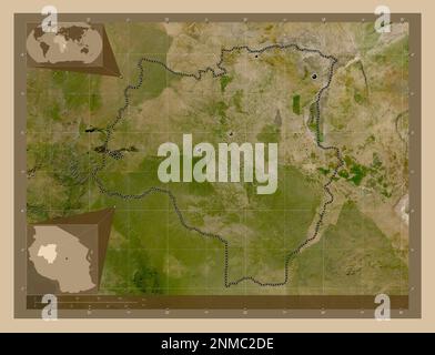 Tabora, region of Tanzania. Low resolution satellite map. Corner ...