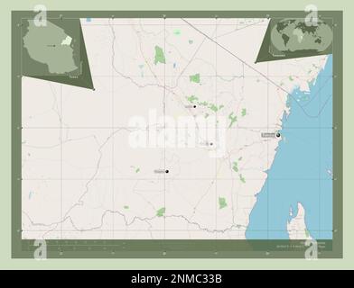 Tanga, region of Tanzania. Open Street Map. Locations of major cities ...