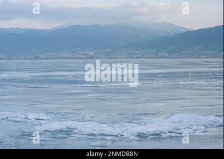 Lake Suwa's Omiwatari (in which the ice cracks across the lake), Nagano ...