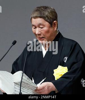 Japanese film director Takeshi Kitano (3rd from L) and cast members ...
