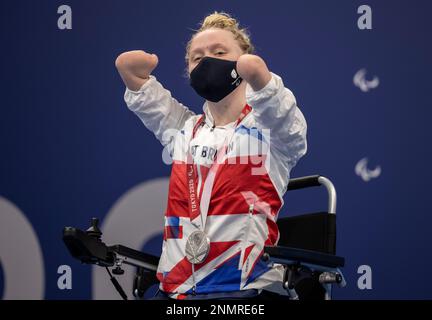 Silver medalist Ellie Challis of Britain poses for a photo at the medal ...