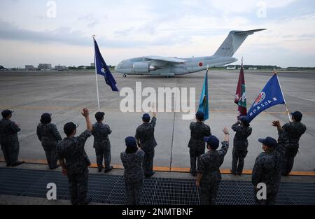 The Japan Self-defense Forces' C2 transport aircraft departs for ...