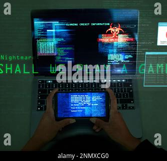Hands, code overlay and laptop screen with cybersecurity, hacker and ...
