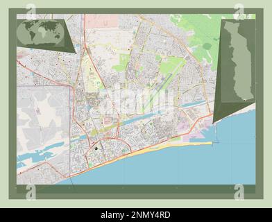 Lome, capital city of Togo. Open Street Map. Locations and names of ...