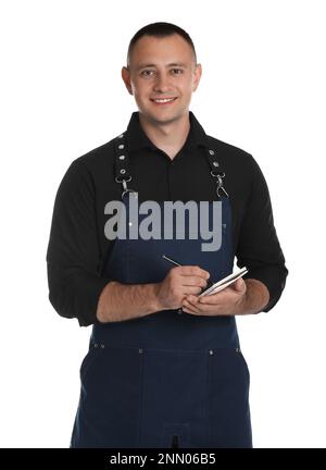 Handsome waiter with notebook on white background Stock Photo - Alamy