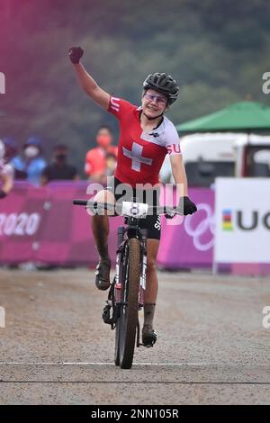 Sina Frei of Switzerland (8) reacts as she crosses the finish line to ...
